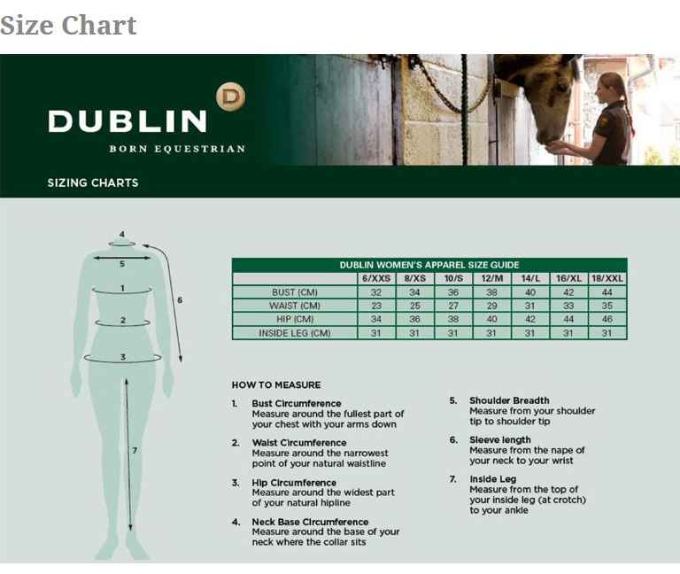 Dublin Women's Apparel Fit Guide Measurement Chart