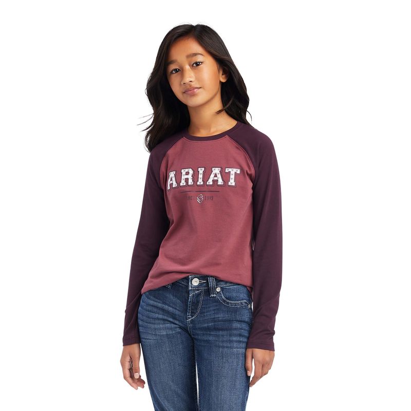 Ariat Girls Varsity Longsleeve T-Shirt, Mulberry/Rose - Jeffers