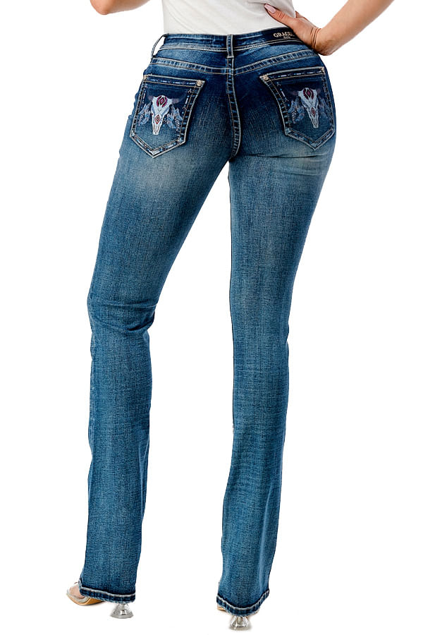 Grace in LA Steer Head Print Mid Rise Bootcut Jeans - Jeffers